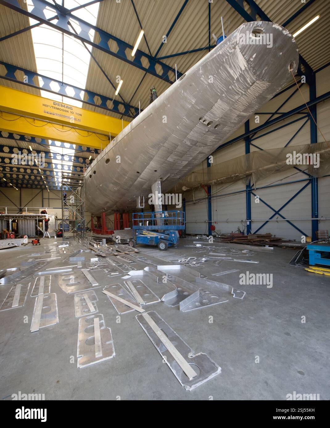 Shipbuilding Industry. Aluminium hull of a super sailing yacht being ...