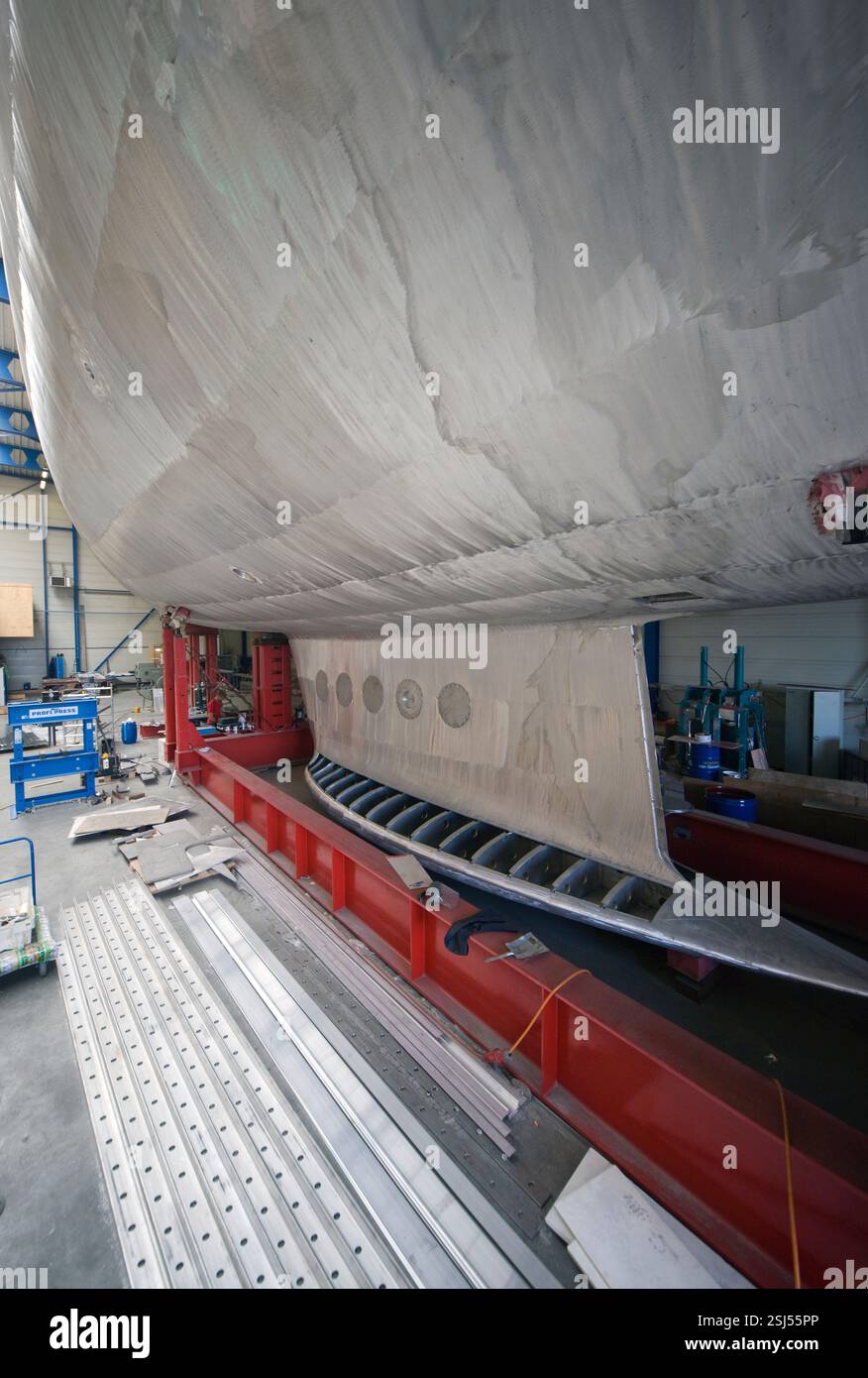 Shipbuilding Industry. Aluminium hull of a super sailing yacht being ...