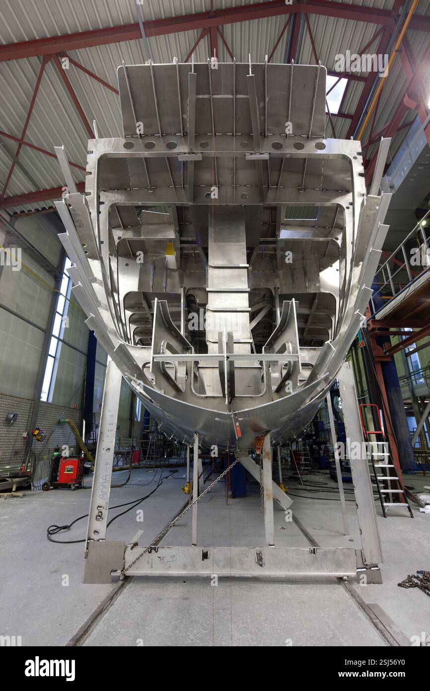 Shipbuilding Industry. Aluminium hull of a super sailing yacht being ...