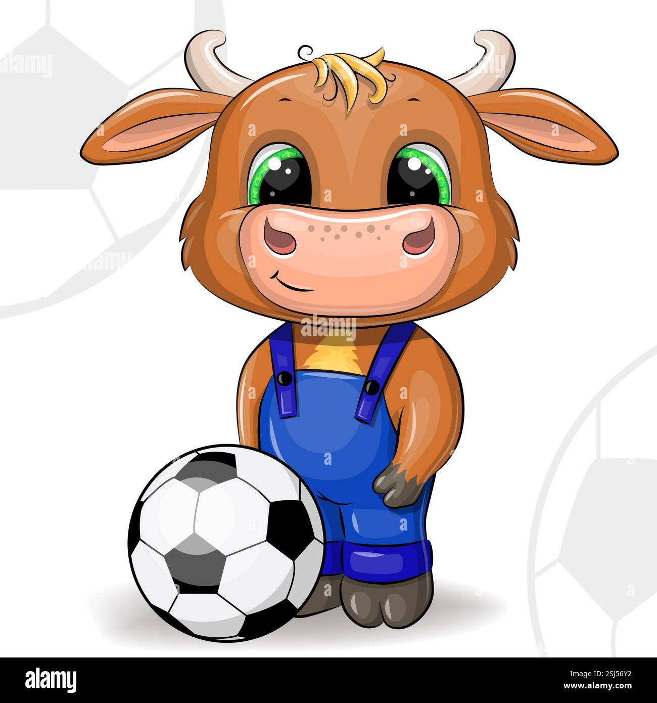 Cute cartoon bull with soccer ball. Vector illustration of an animal ...