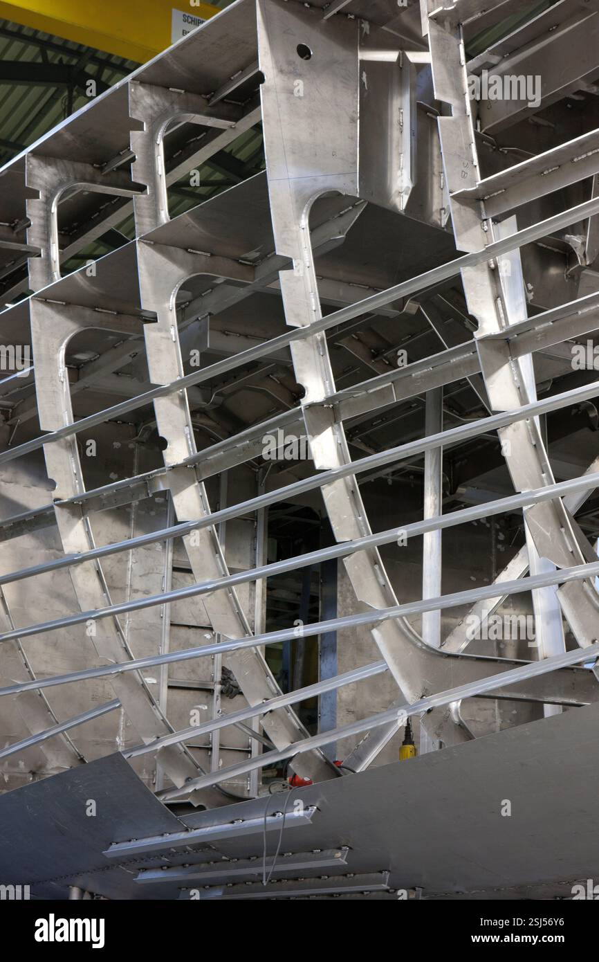 Shipbuilding Industry. Aluminium hull of a super sailing yacht being ...