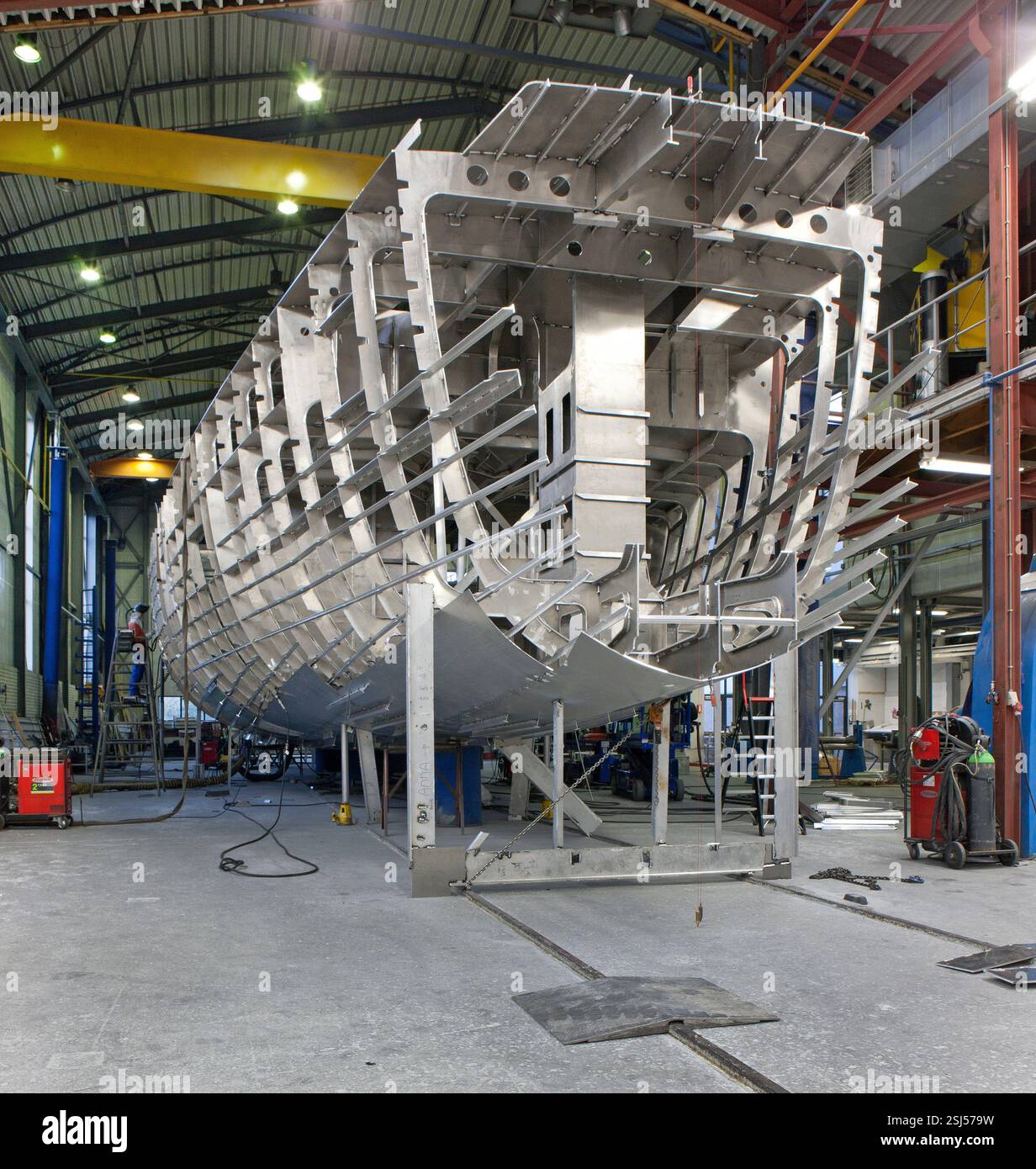 Shipbuilding Industry. Aluminium hull of a super sailing yacht being ...