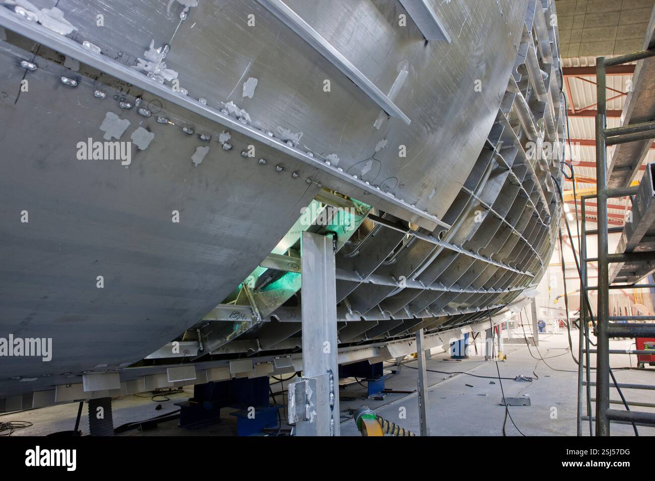 Shipbuilding Industry. Aluminium hull of a super sailing yacht being ...