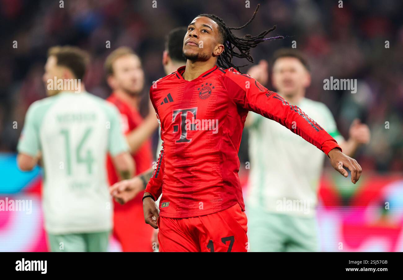 MUNICH, GERMANY - FEBRUARY 07: Michael Olise of Bayern Muenchen reacts ...