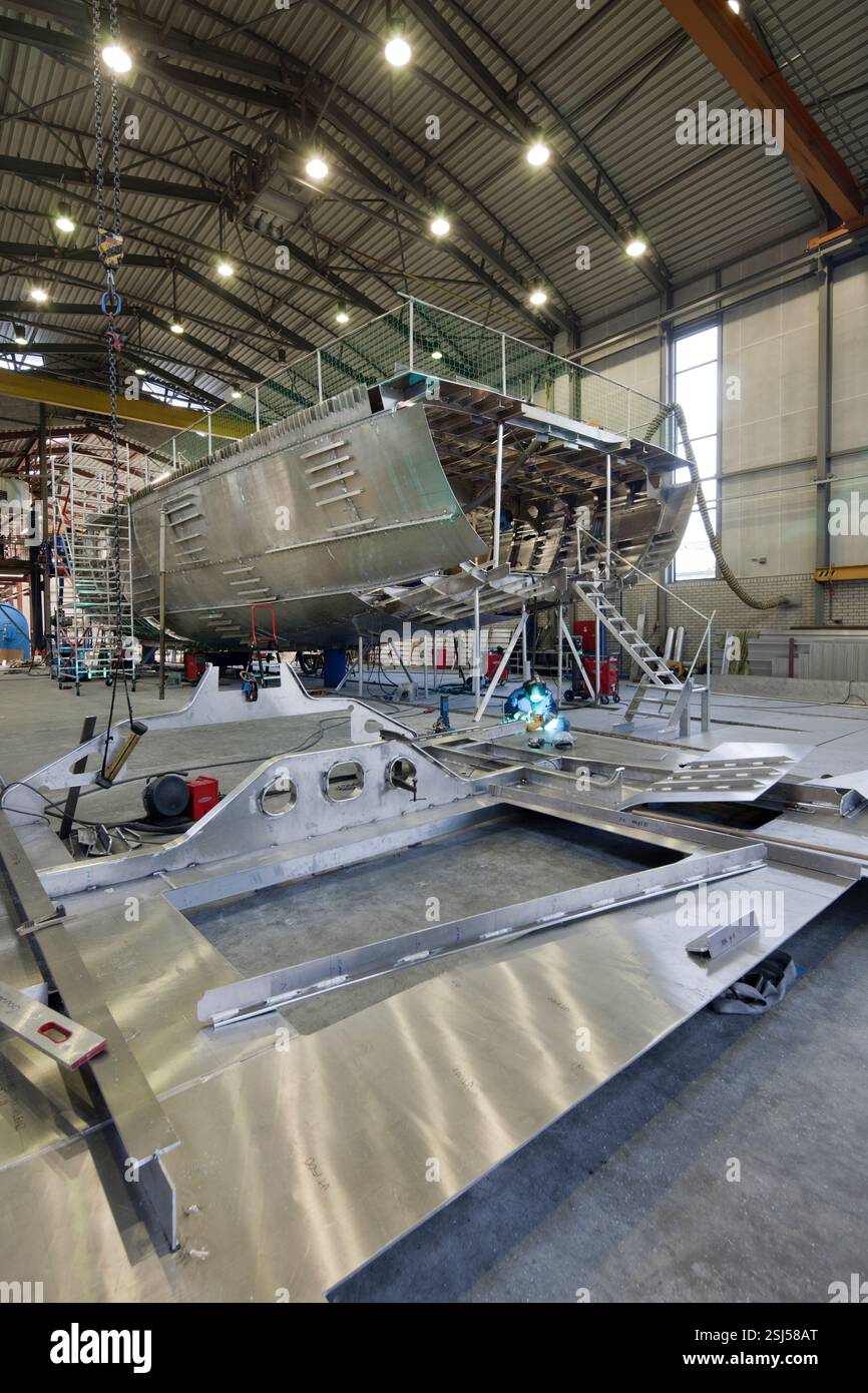 Shipbuilding Industry. Aluminium hull of a super sailing yacht being ...