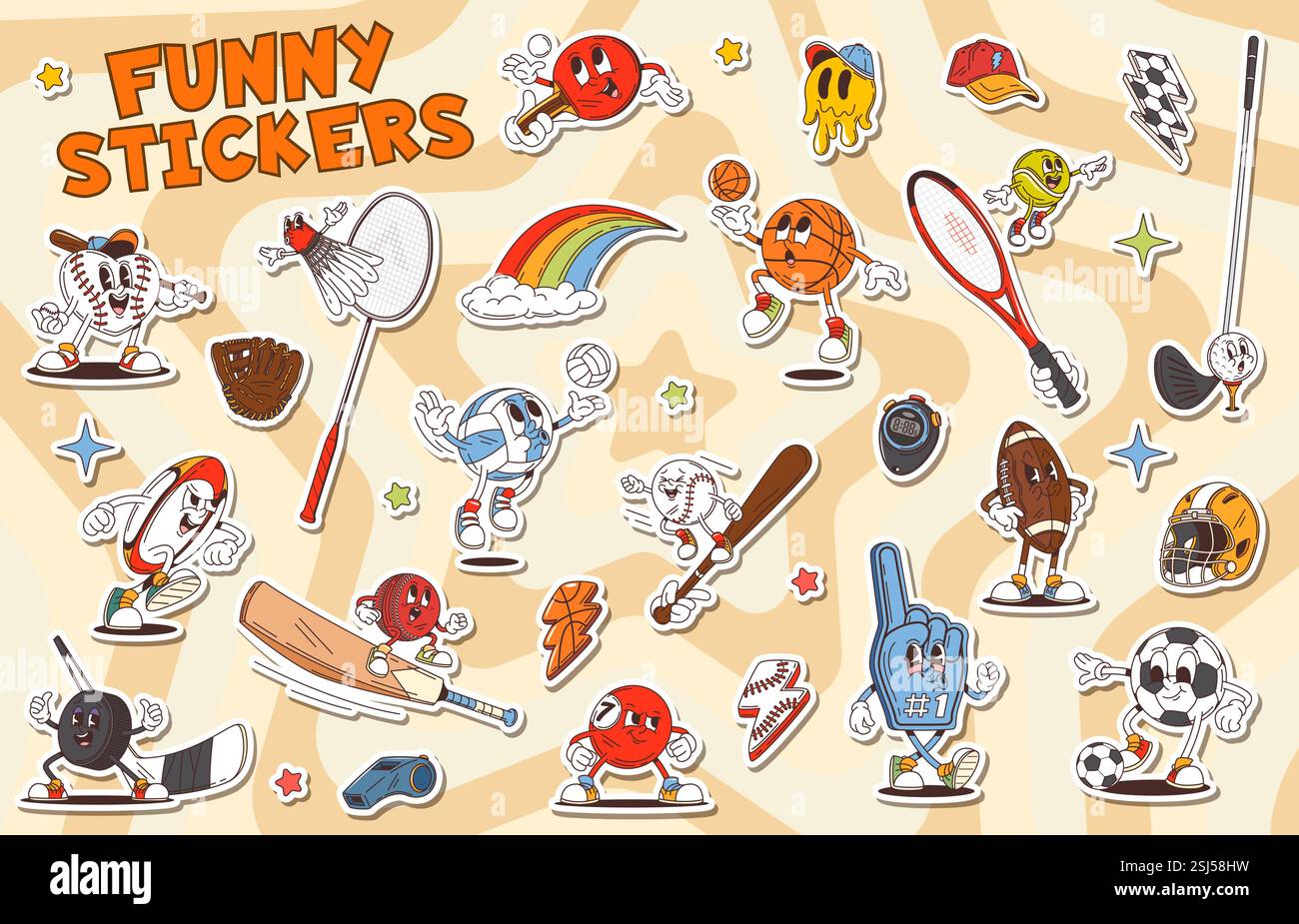 Cartoon groovy sport characters stickers pack with game player ...