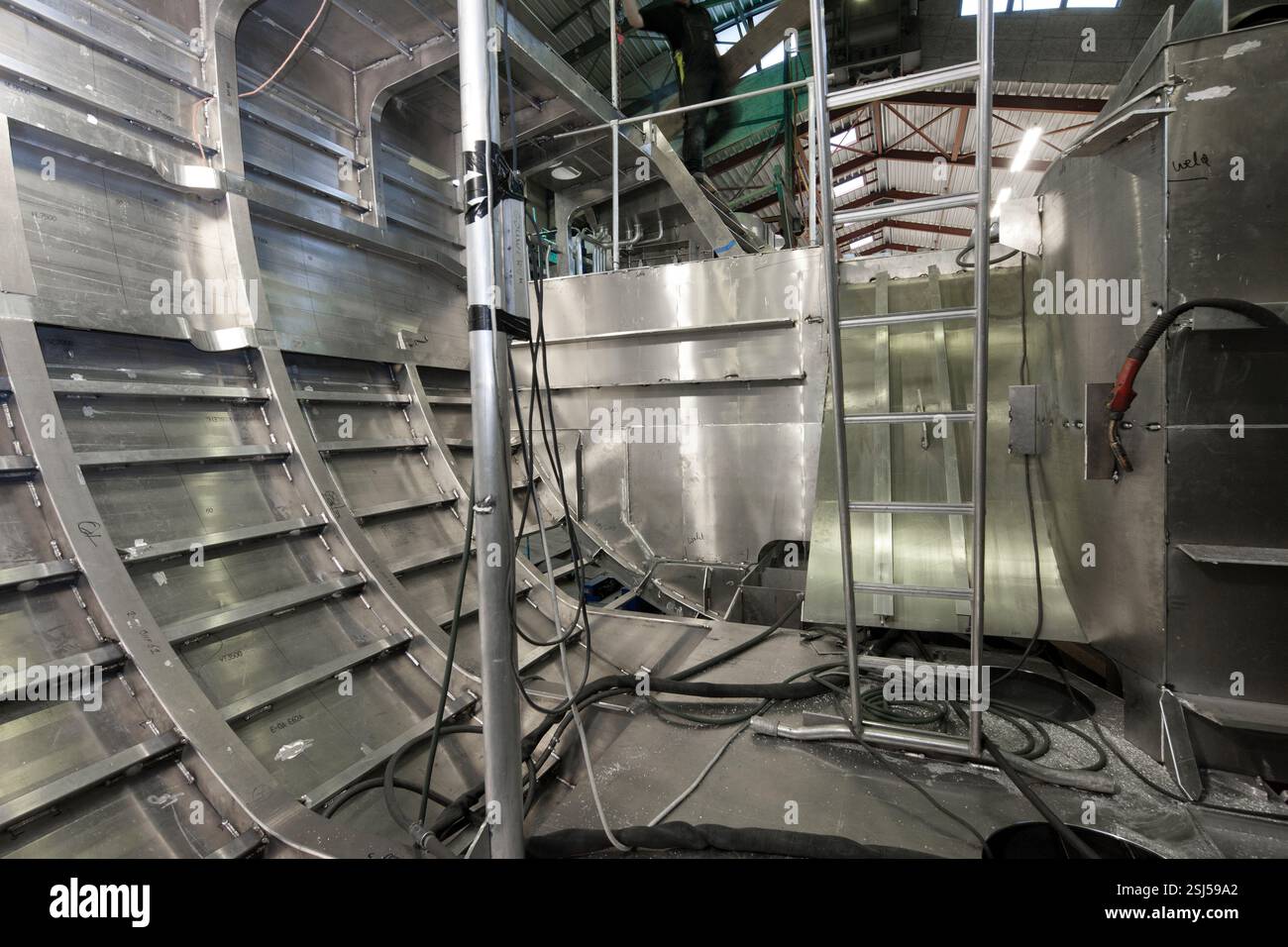 Shipbuilding Industry. Aluminium hull of a super sailing yacht being ...