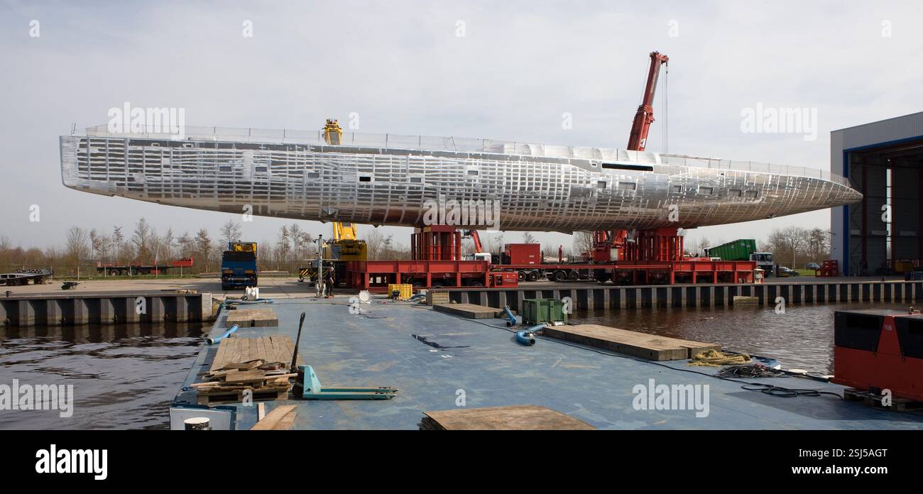 Shipbuilding Industry. Aluminium hull of a super sailing yacht being ...