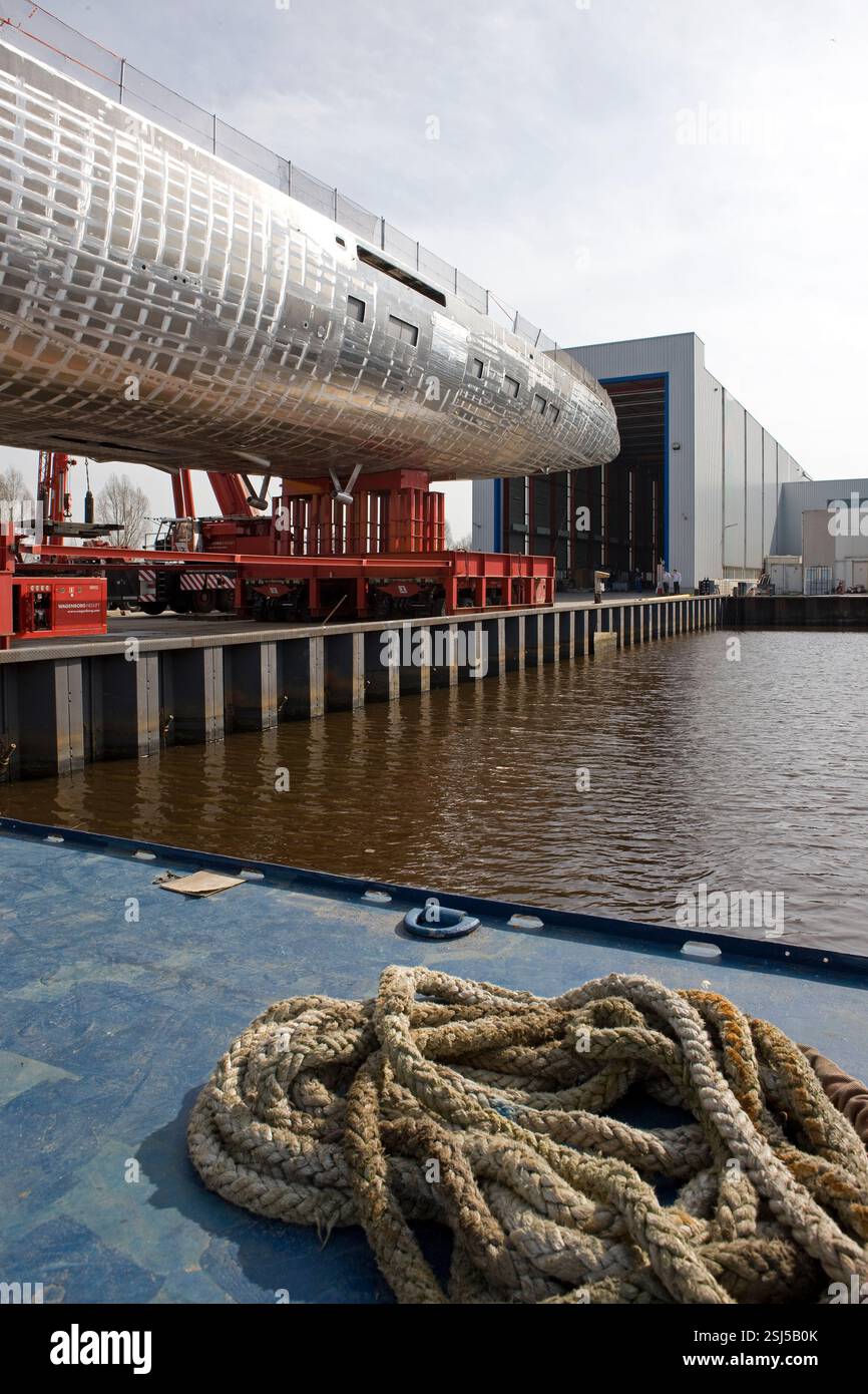 Shipbuilding Industry. Aluminium hull of a super sailing yacht being ...