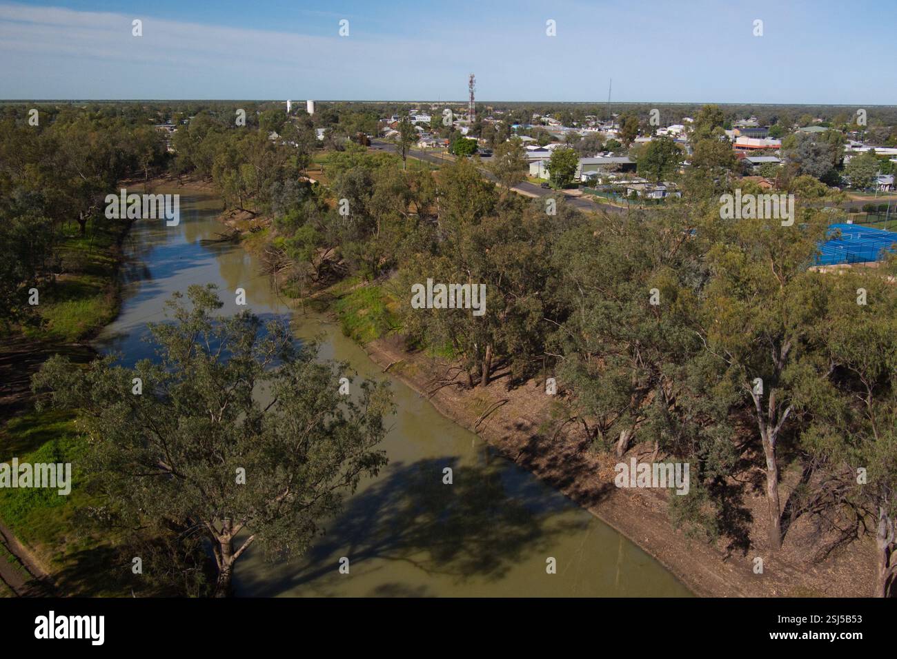 Aerial of the Namoi River as it passes through Walgett New South Wales ...