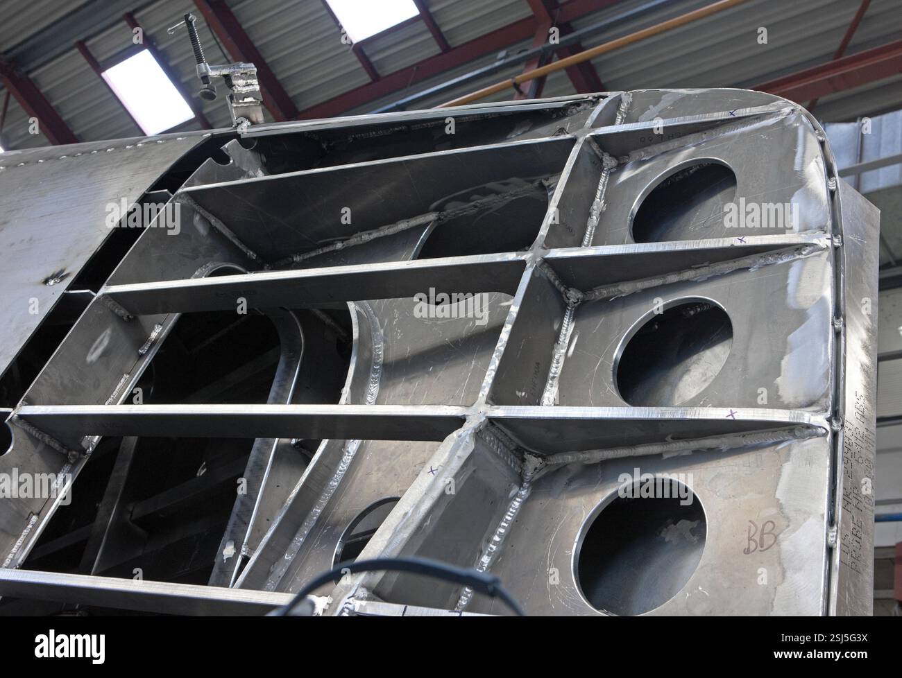 Shipbuilding Industry. Aluminium hull of a super sailing yacht being ...