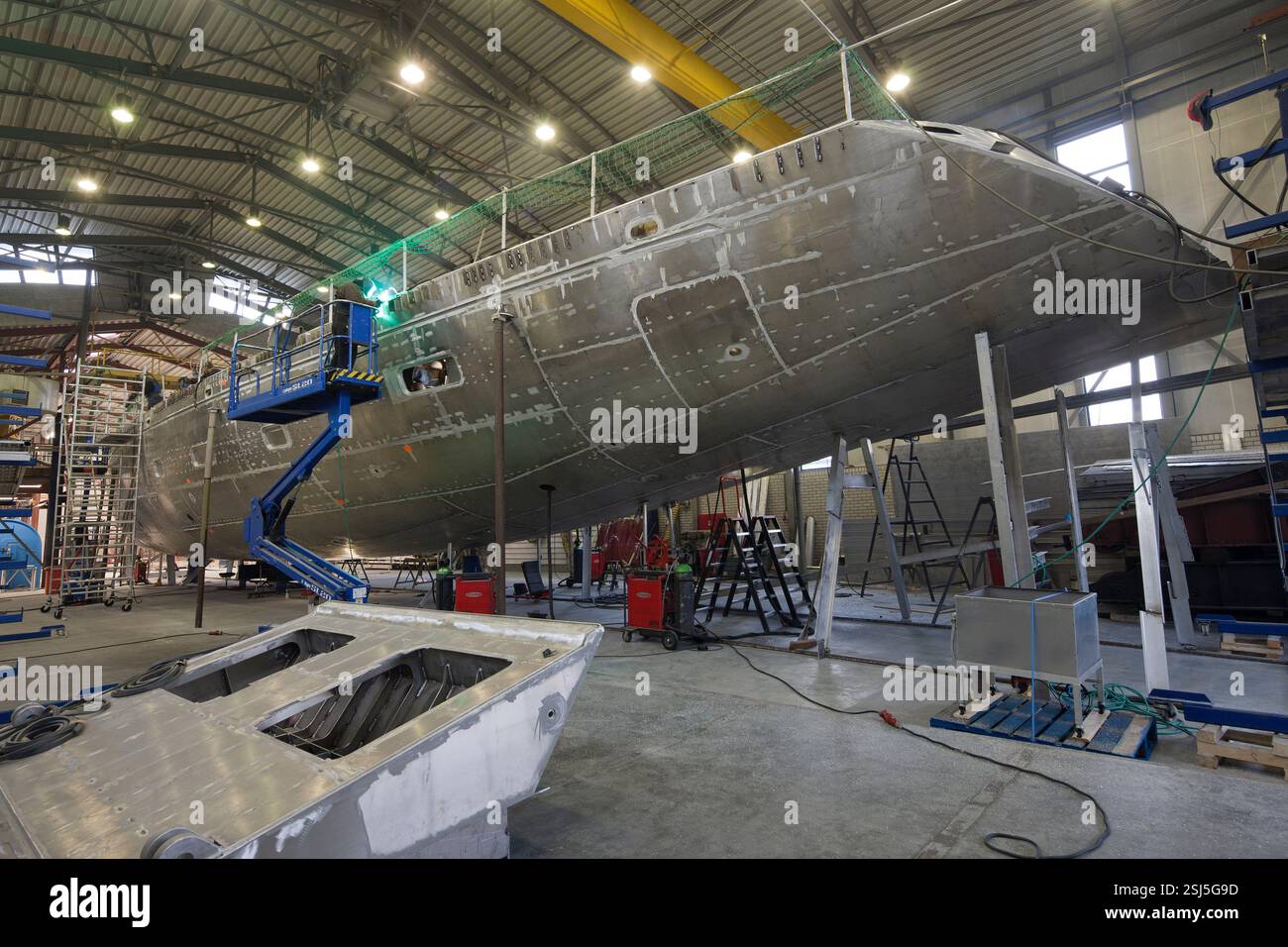 Shipbuilding Industry. Aluminium hull of a super sailing yacht being ...