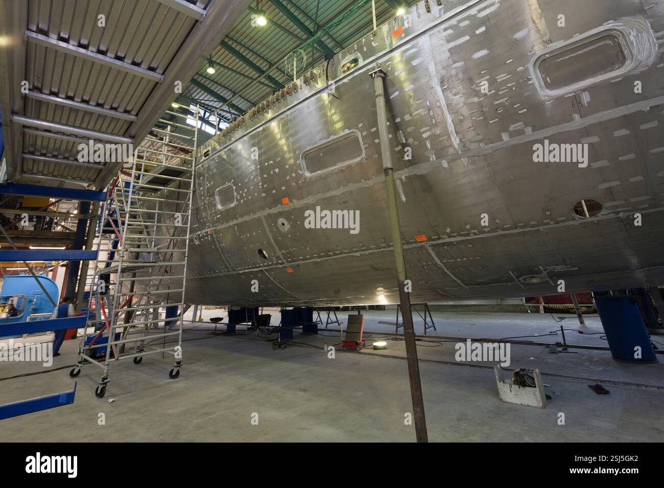 Shipbuilding Industry. Aluminium hull of a super sailing yacht being ...