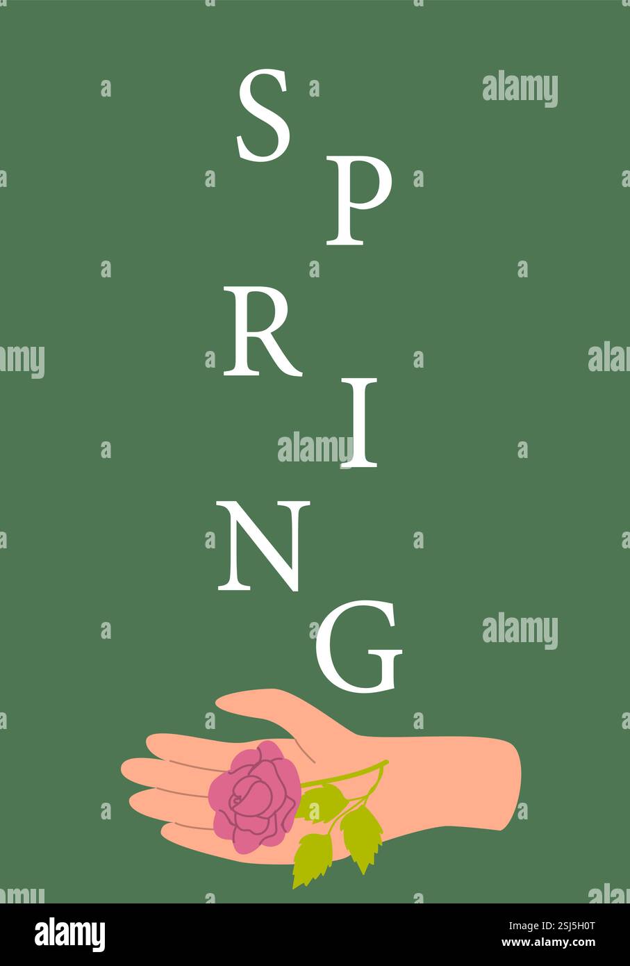 Spring word art with pink rose and leaves in hand illustration Stock ...