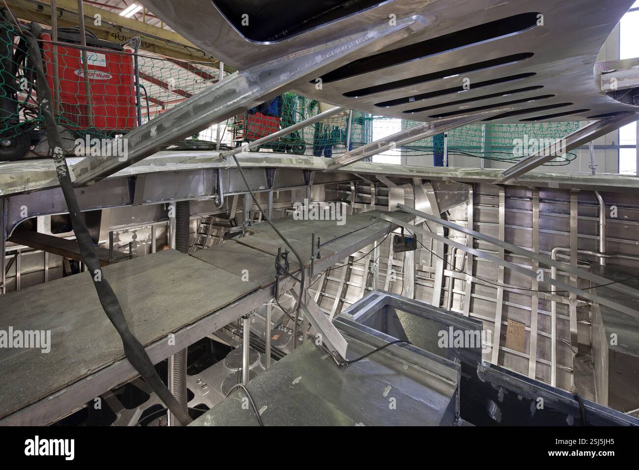 Shipbuilding Industry. Aluminium hull of a super sailing yacht being ...