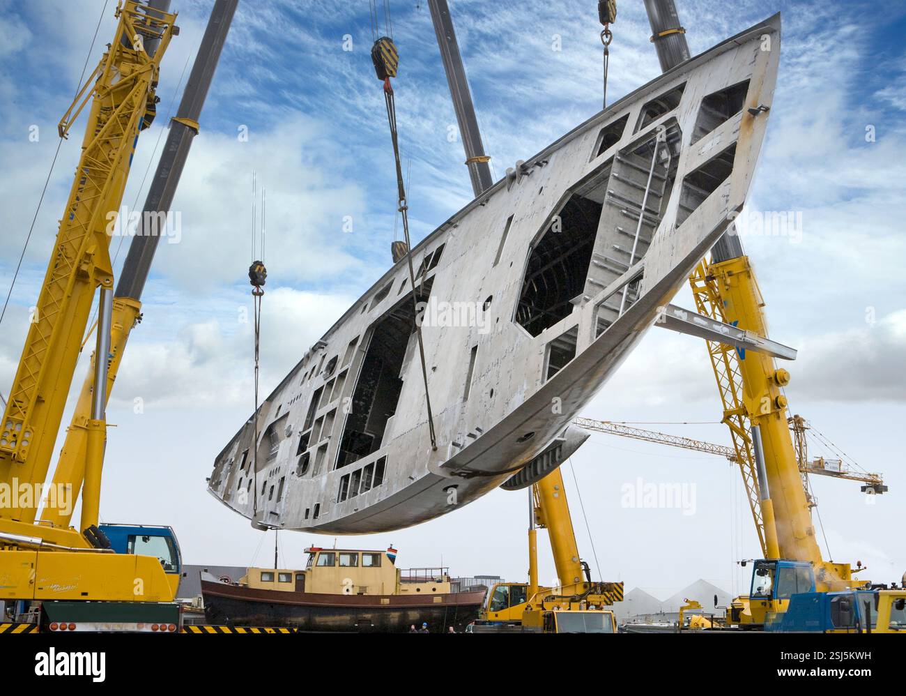 Shipbuilding Industry. Aluminium hull of a super sailing yacht being ...