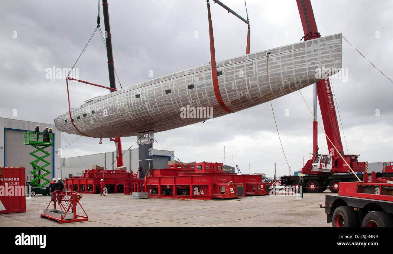Shipbuilding Industry. Aluminium hull of a super sailing yacht being ...