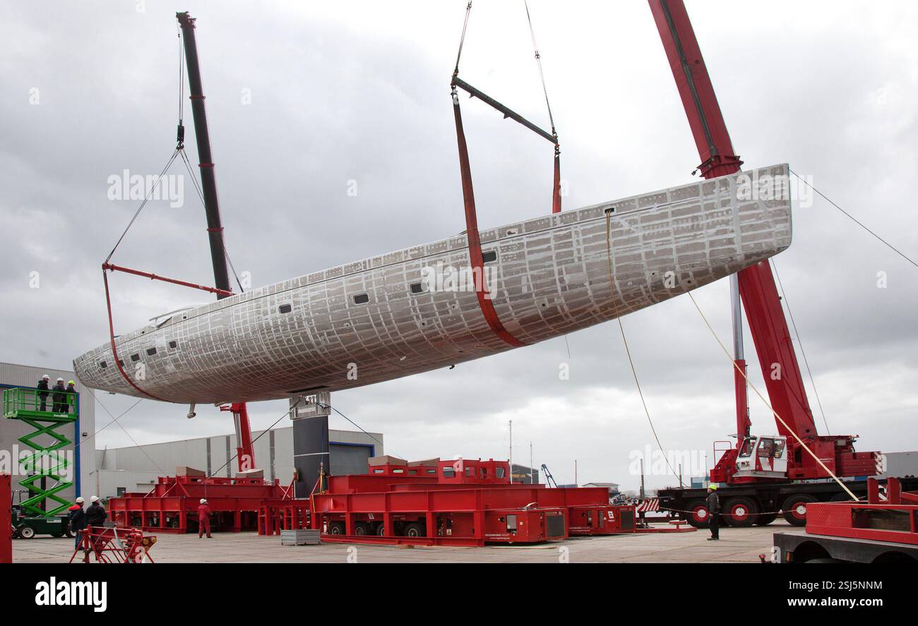 Shipbuilding Industry. Aluminium hull of a super sailing yacht being ...