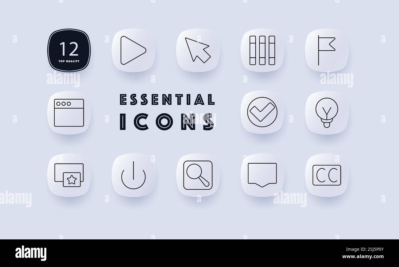 Interface set icon. Play button, cursor, equalizer, flag, browser window, checkmark, lightbulb ...