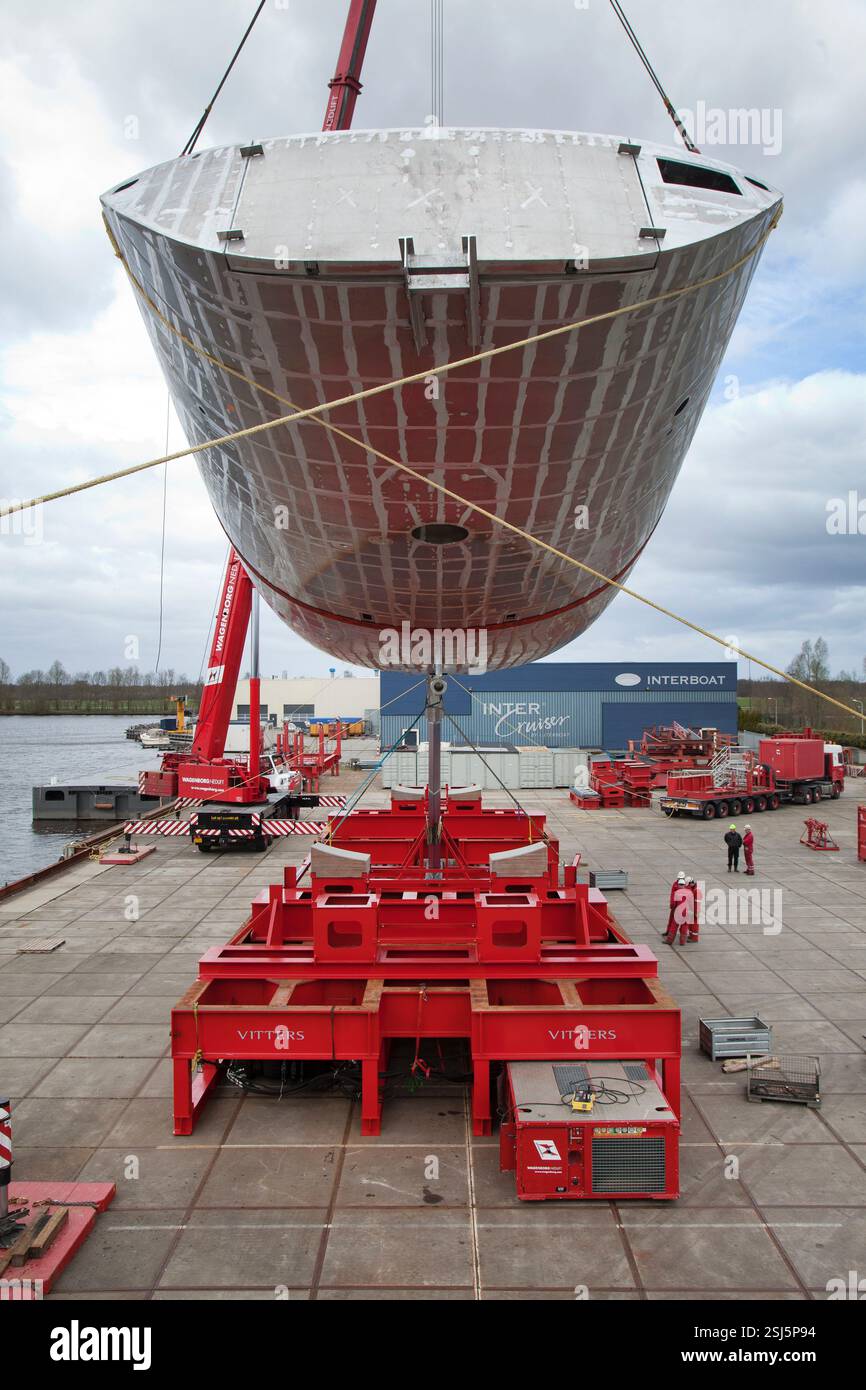 Shipbuilding Industry. Aluminium hull of a super sailing yacht being ...
