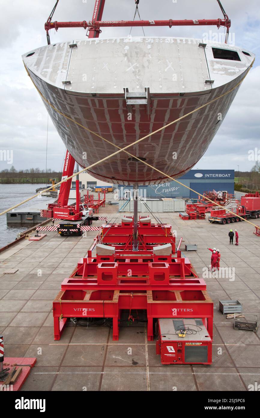 Shipbuilding Industry. Aluminium hull of a super sailing yacht being ...