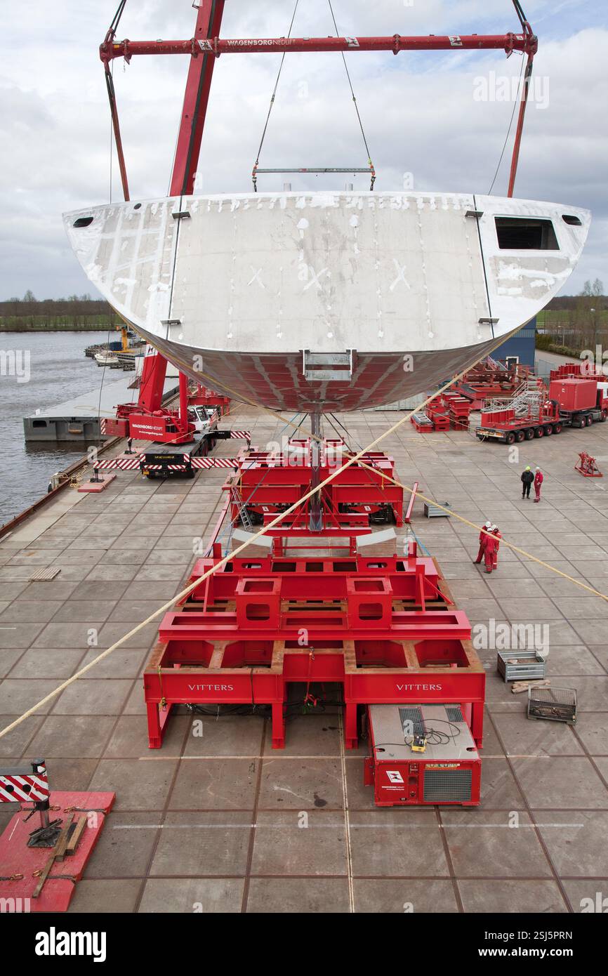 Shipbuilding Industry. Aluminium hull of a super sailing yacht being ...