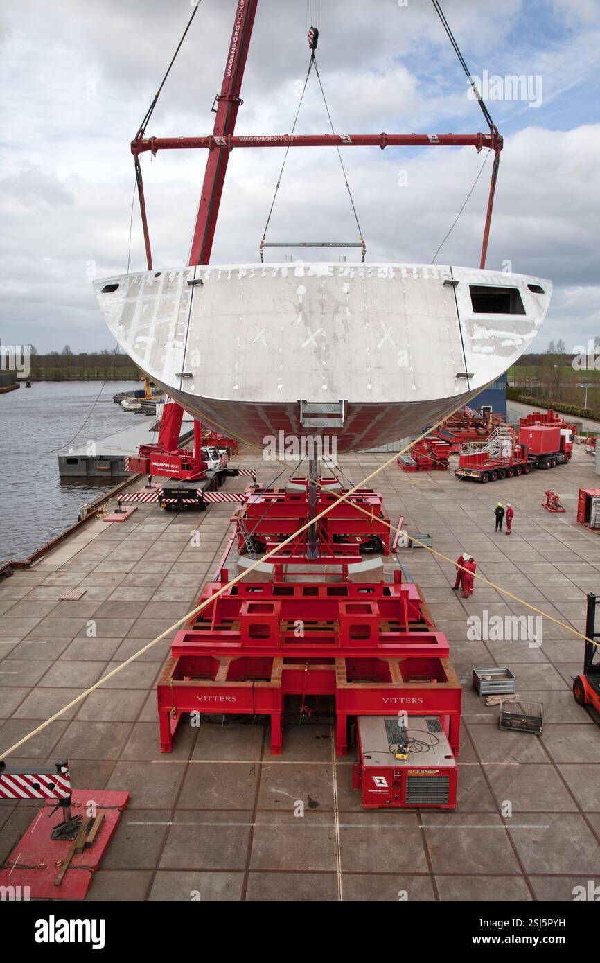 Shipbuilding Industry. Aluminium hull of a super sailing yacht being ...