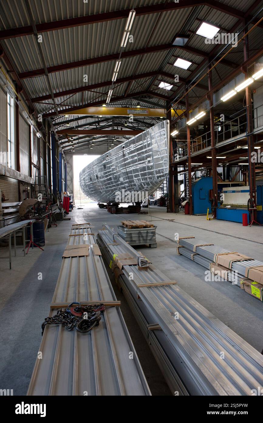 Shipbuilding Industry. Aluminium hull of a super sailing yacht being ...