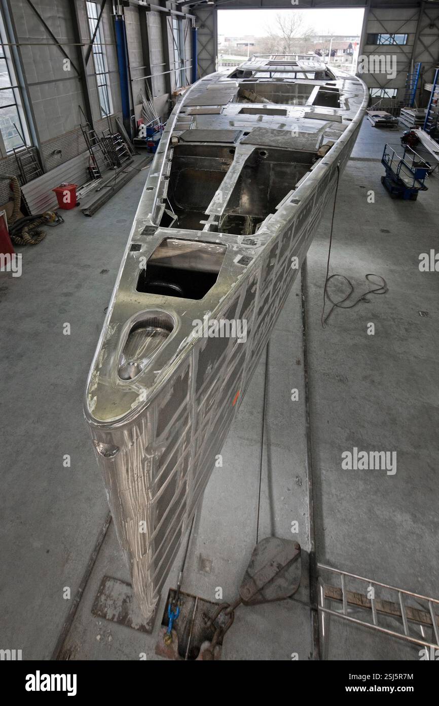 Shipbuilding Industry. Aluminium hull of a super sailing yacht being ...