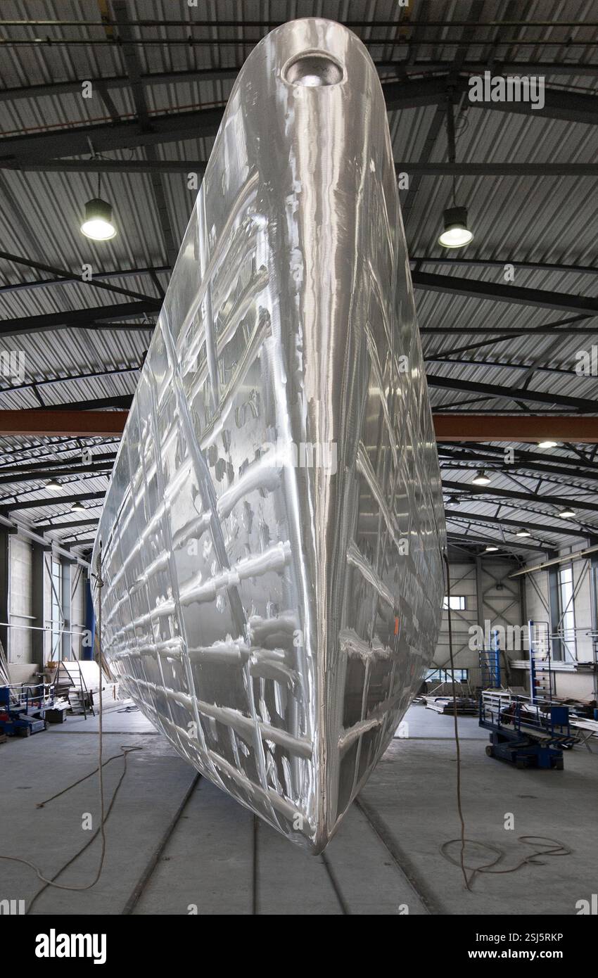 Shipbuilding Industry. Aluminium hull of a super sailing yacht being ...
