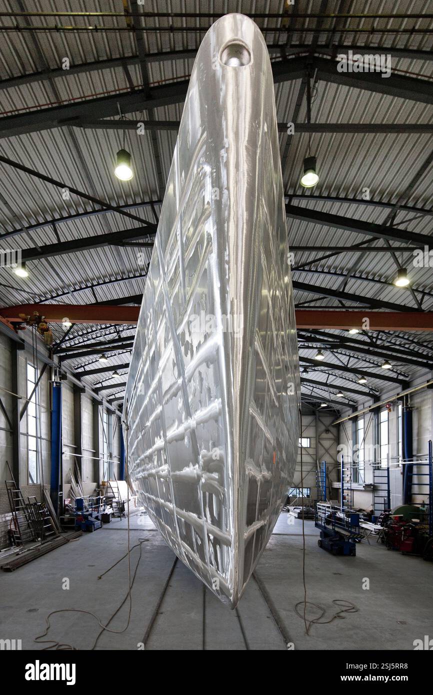 Shipbuilding Industry. Aluminium hull of a super sailing yacht being ...