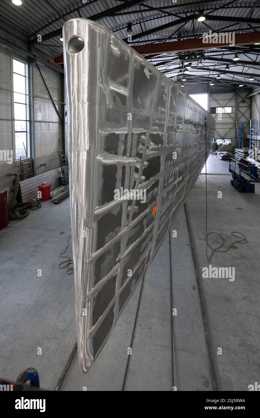 Shipbuilding Industry. Aluminium hull of a super sailing yacht being ...