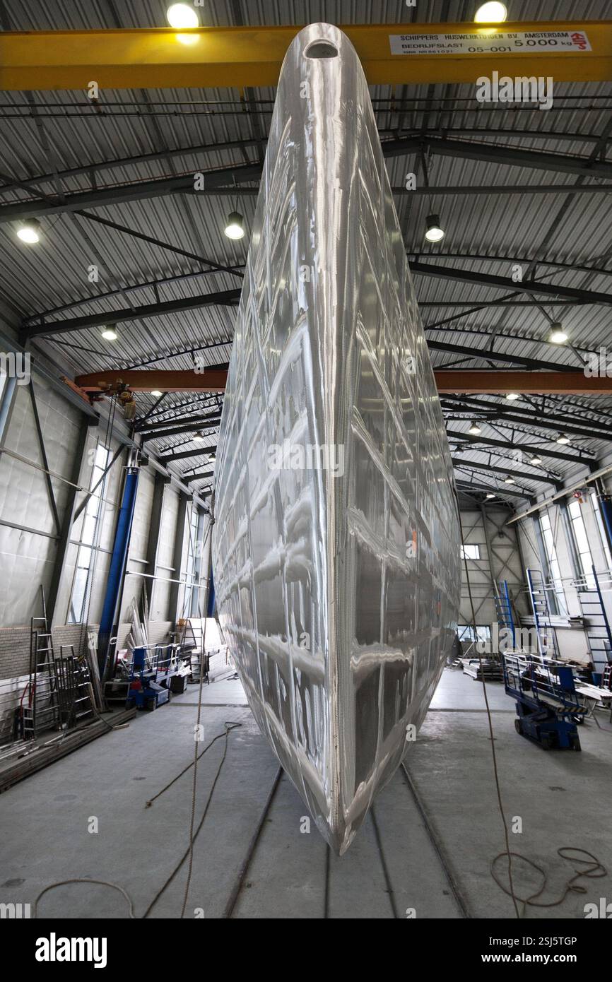 Shipbuilding Industry. Aluminium hull of a super sailing yacht being ...