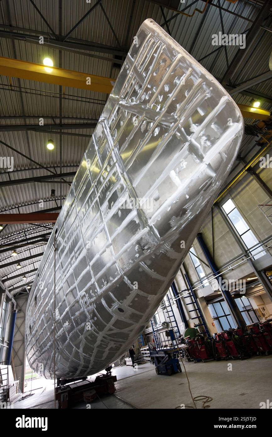Shipbuilding Industry. Aluminium hull of a super sailing yacht being ...