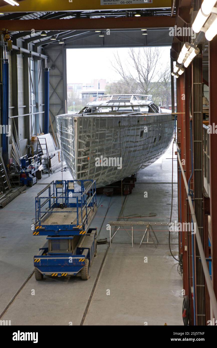 Shipbuilding Industry. Aluminium hull of a super sailing yacht being ...