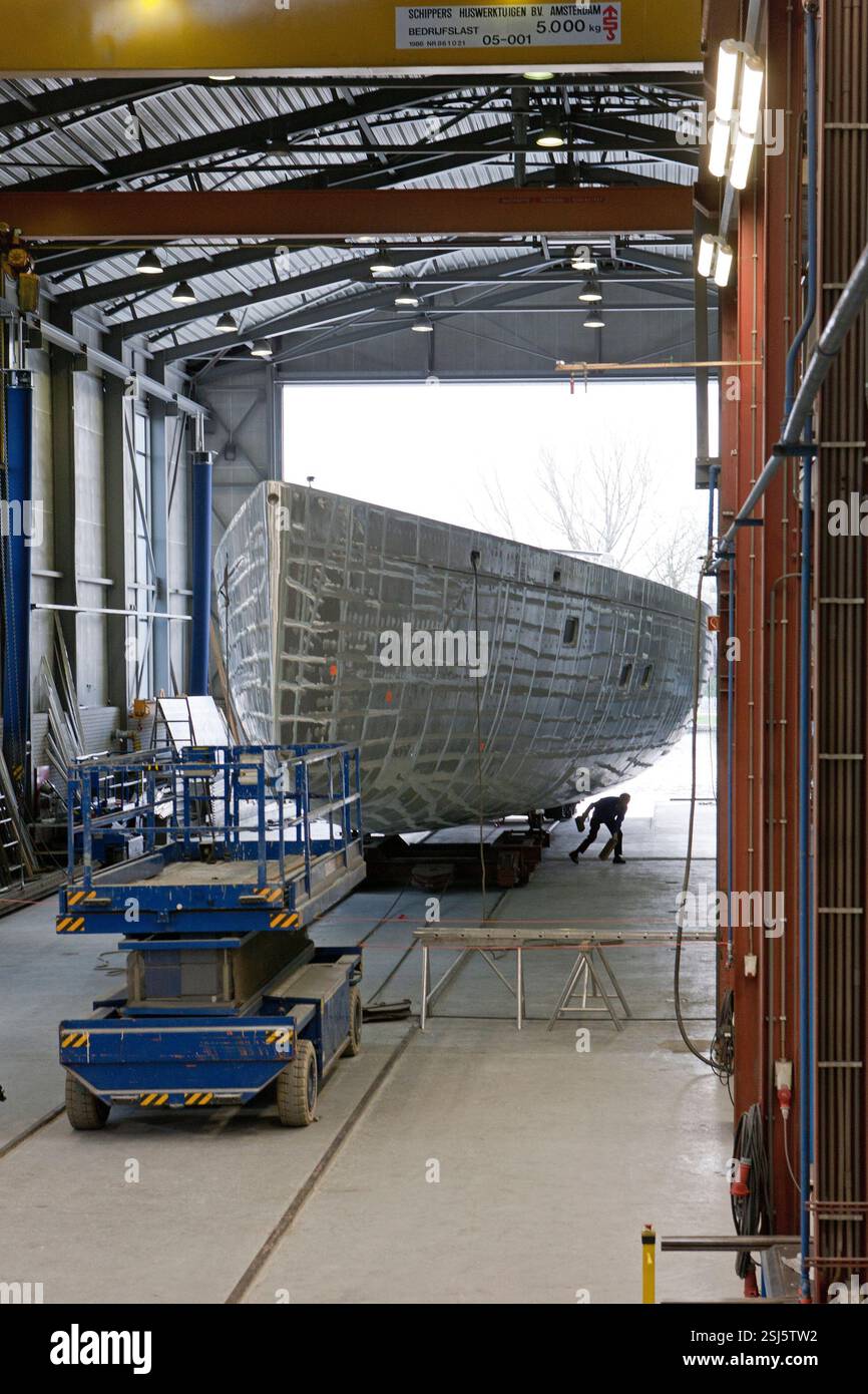 Shipbuilding Industry. Aluminium hull of a super sailing yacht being ...