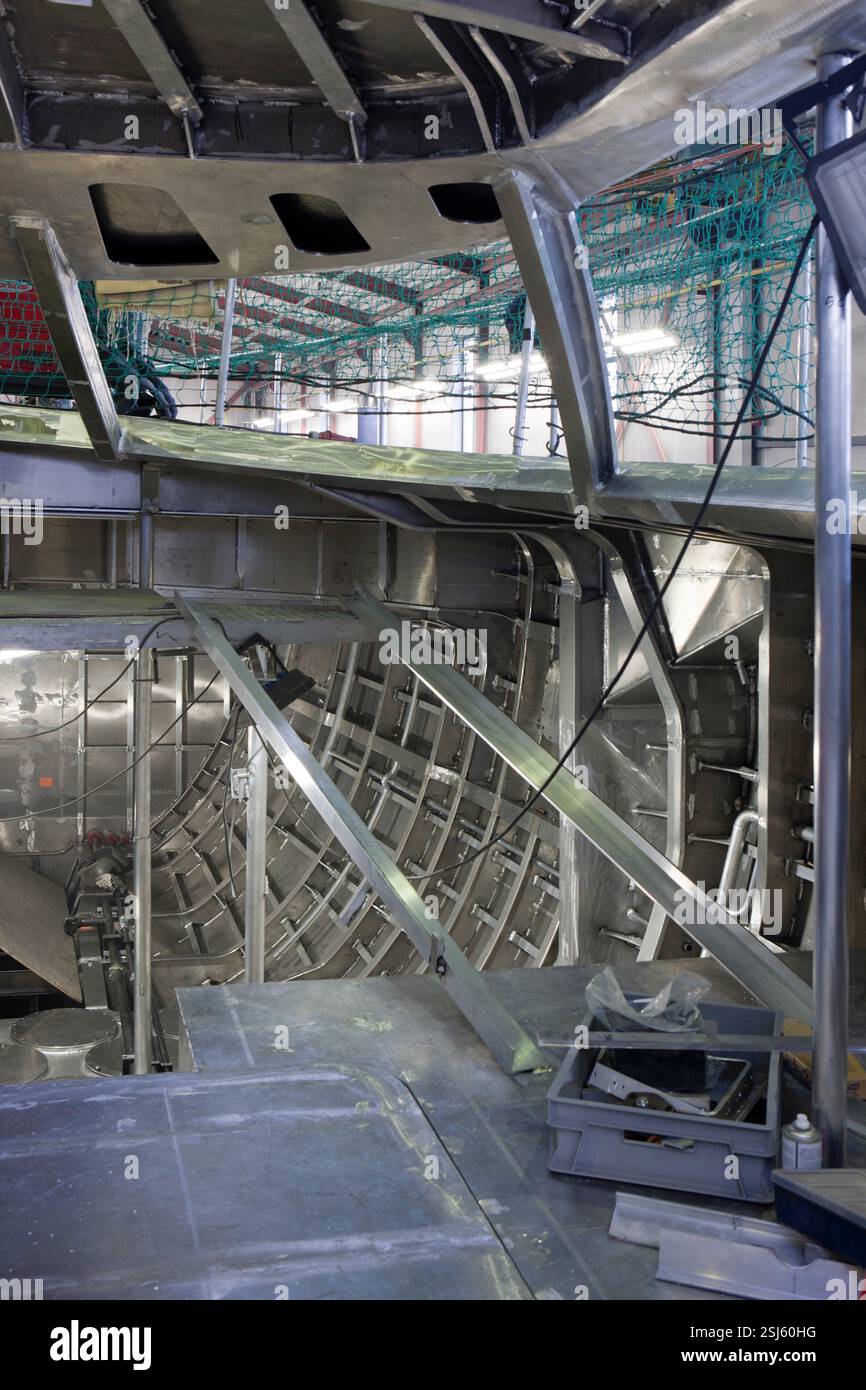 Shipbuilding Industry. Aluminium hull of a super sailing yacht being ...