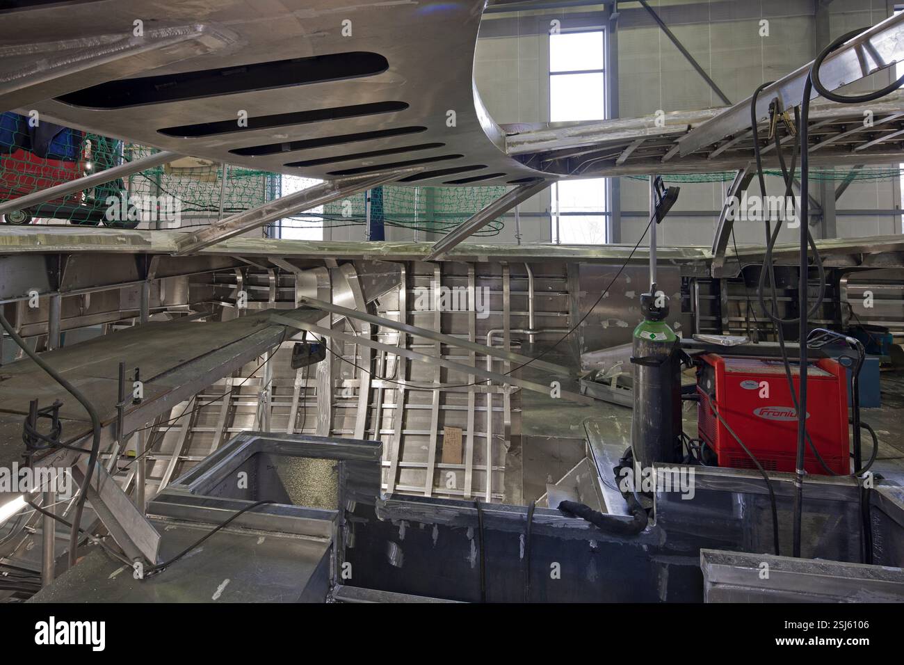 Shipbuilding Industry. Aluminium hull of a super sailing yacht being ...