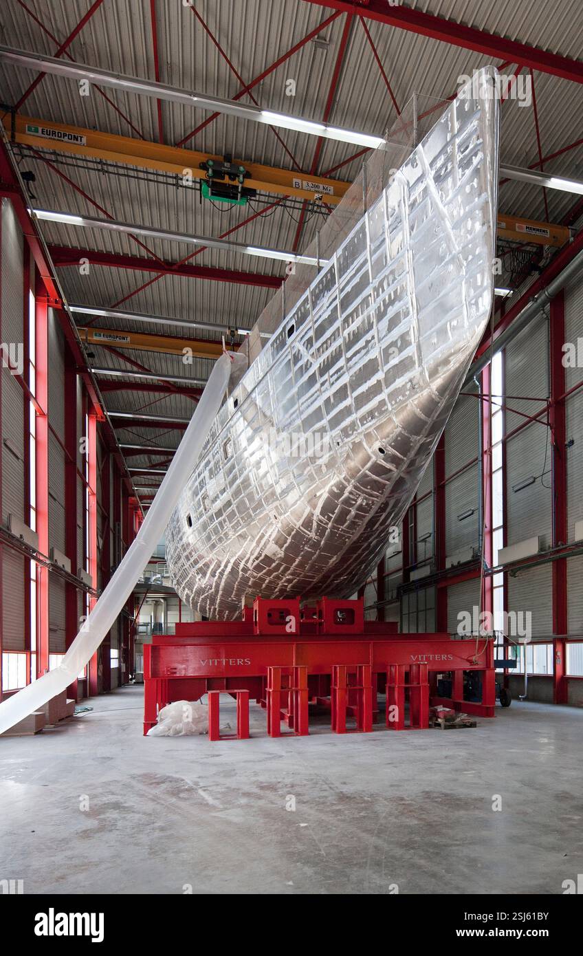 Shipbuilding Industry. Aluminium hull of a super sailing yacht being ...