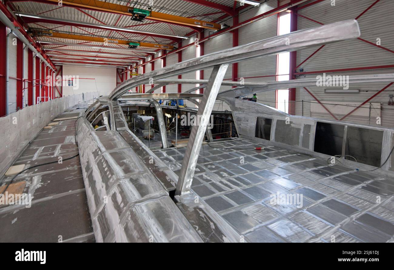 Shipbuilding Industry. Aluminium hull of a super sailing yacht being ...