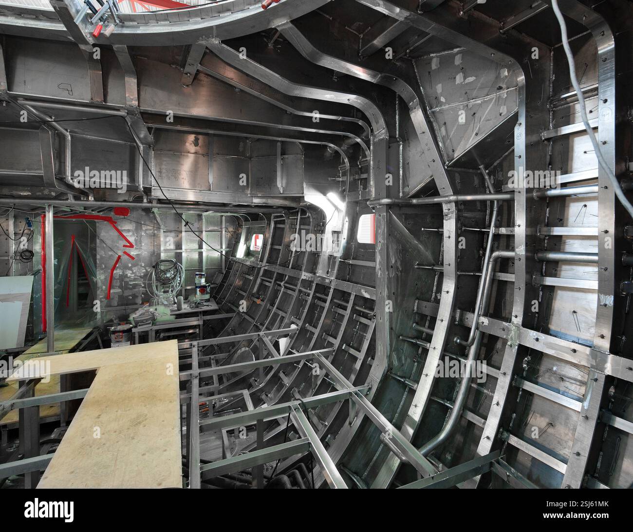 Shipbuilding Industry. Aluminium hull of a super sailing yacht being ...