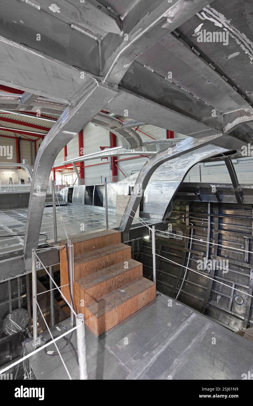 Shipbuilding Industry. Aluminium hull of a super sailing yacht being ...