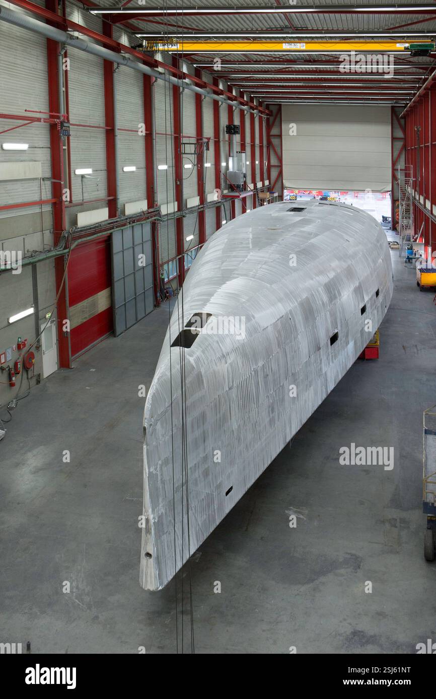 Shipbuilding Industry. Aluminium hull of a super sailing yacht being ...