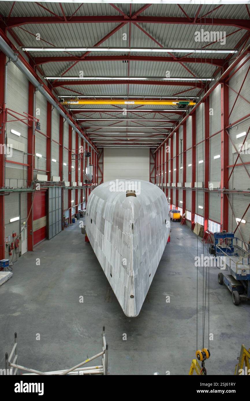 Shipbuilding Industry. Aluminium hull of a super sailing yacht being ...