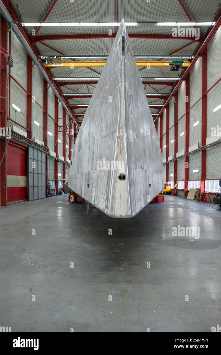 Shipbuilding Industry. Aluminium hull of a super sailing yacht being ...