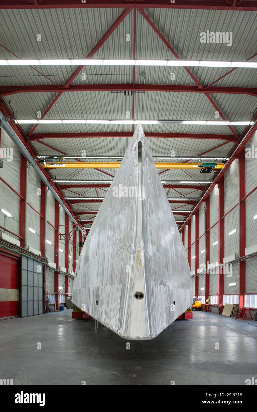 Shipbuilding Industry. Aluminium hull of a super sailing yacht being ...