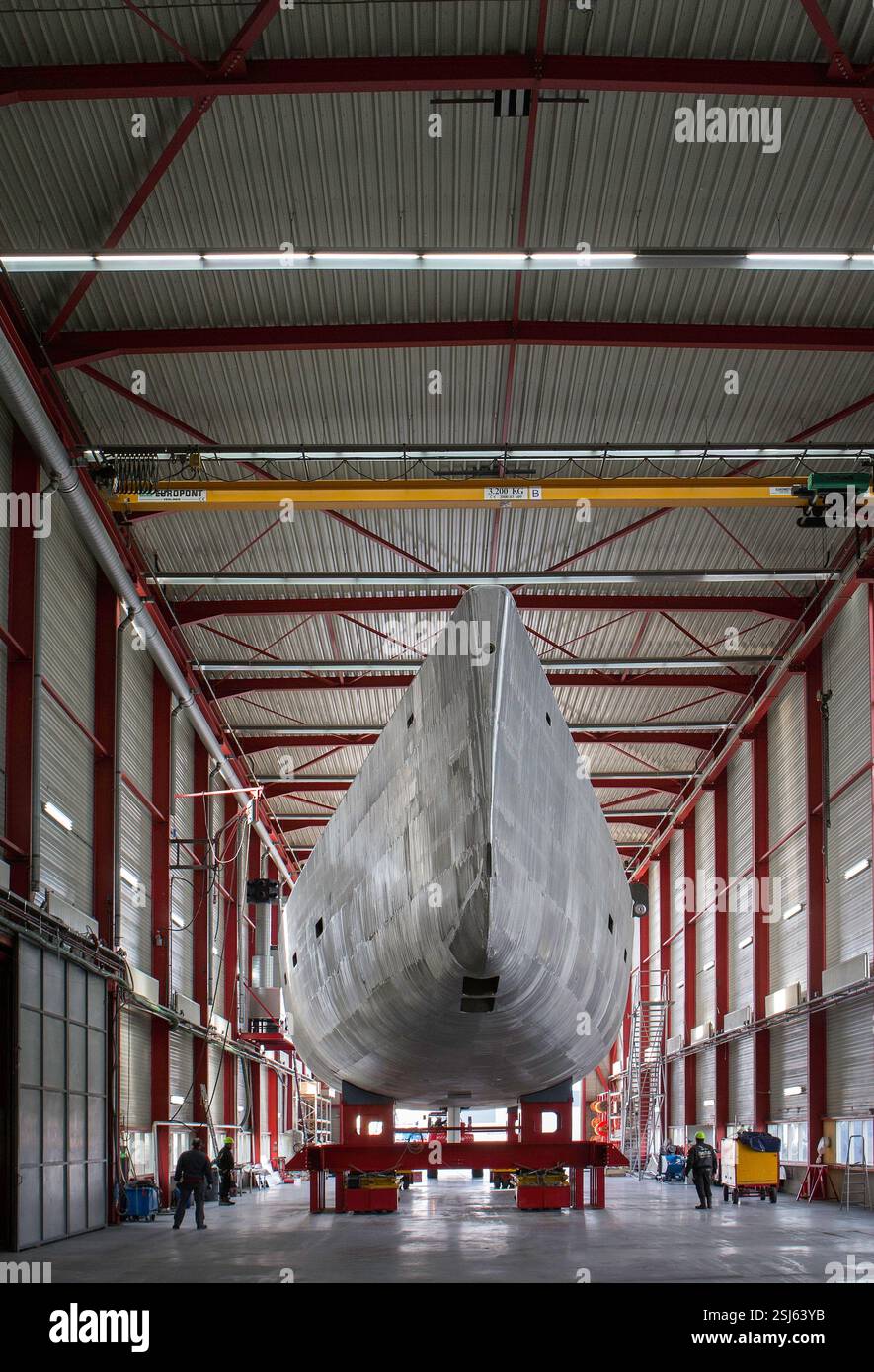 Shipbuilding Industry. Aluminium hull of a super sailing yacht being ...