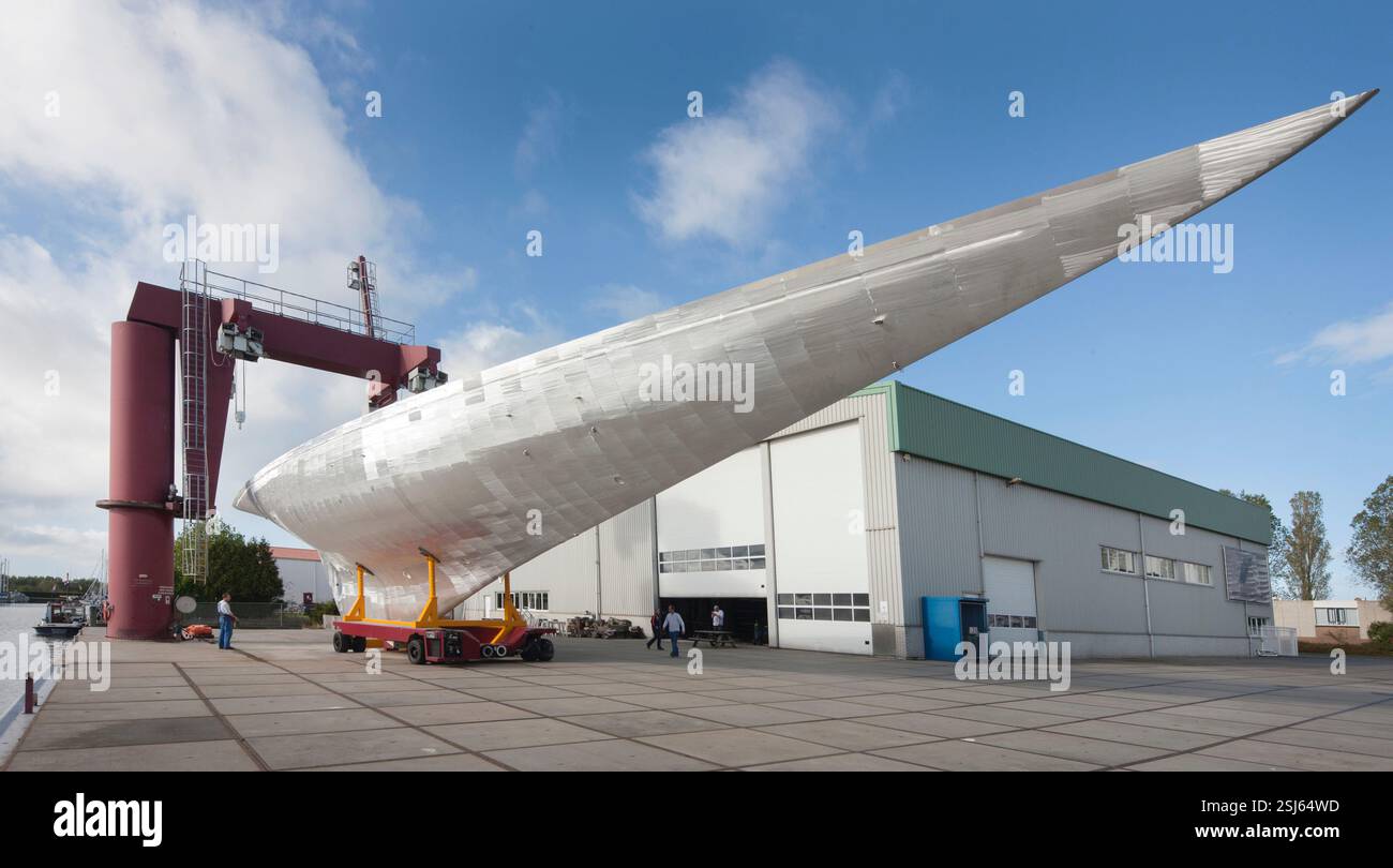 Shipbuilding Industry. Aluminium hull of a super sailing yacht being ...