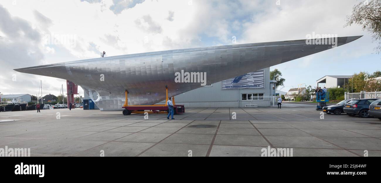 Shipbuilding Industry. Aluminium hull of a super sailing yacht being ...