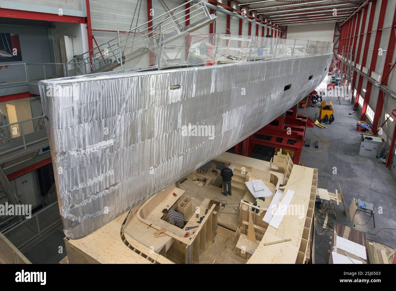 Shipbuilding Industry. Aluminium hull of a super sailing yacht being ...